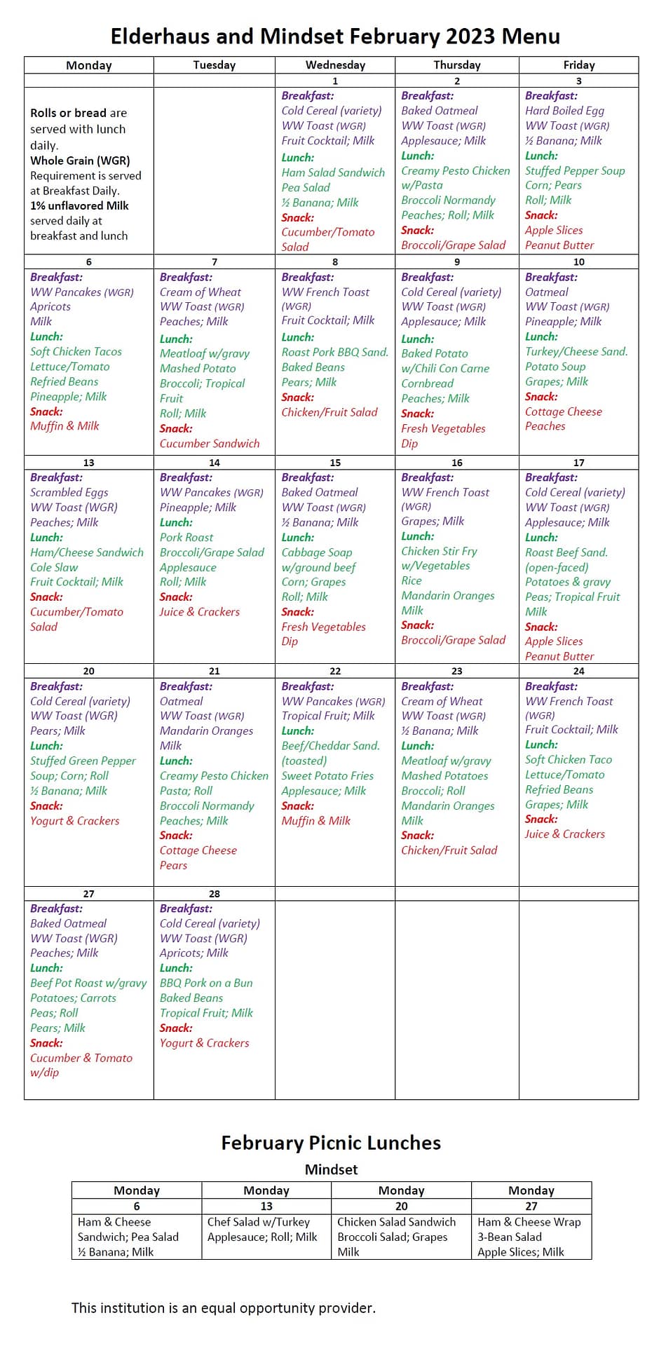 Monthly Meal Menus – Elderhaus